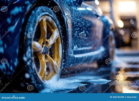 Automotive Detailer Washing A Car With Foam In A Garage During Day To
