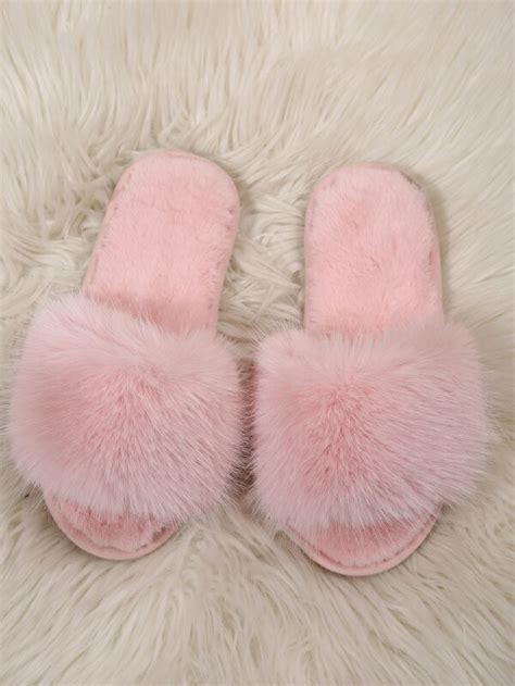 Women Fuzzy Panel Bedroom Slippers Preppy Pink Fuzzy Slippers Shein Uk