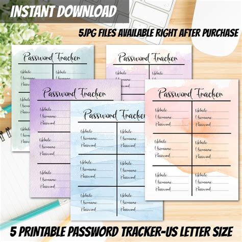 Printable Watercolor Password Tracker Sheets Digital Download Pastel Password Tracker Soft