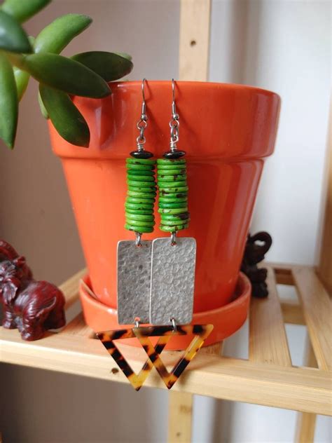 Green And Tortoise Grounding Triangle Earrings Funky Long Green Triangle Earring Ethnic Green