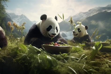 Giant Pandas Feeding Premium Ai Generated Image
