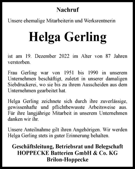 Traueranzeigen Von Helga Gerling Trauer In Nrwde
