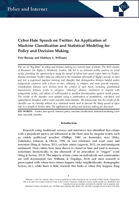 Pdf Cyber Hate Speech On Twitter An Application Of Machine Classification And Statistical
