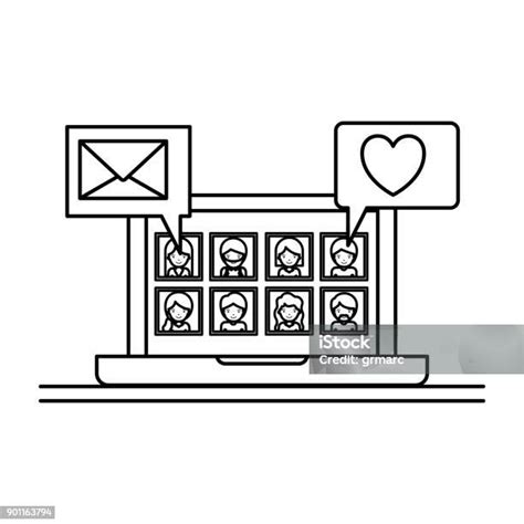 사람들이는 노트북 화면 흑백 실루엣에서 마음과 대화 메일에서에서 프로필 소셜 네트워크 그림 개체 그룹에 대한 스톡 벡터 아트 및 기타 이미지 개체 그룹 공동체 공유