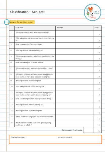 Classification Mini Test Quiz Ks3 Teaching Resources