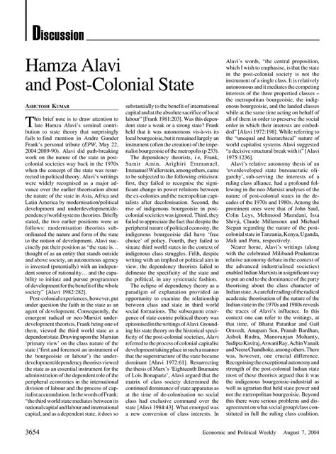 Hamza Alavi And Post Colonial State 3654 Economic And Political Weekly August 7 2004 Ashutosh