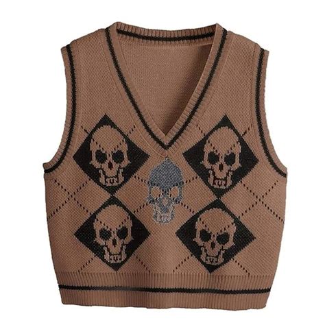 Y2k Gothic Skull Argyle Print Knitted V Neck Black Vest Be359 Ladies Vest Jacket Fashion