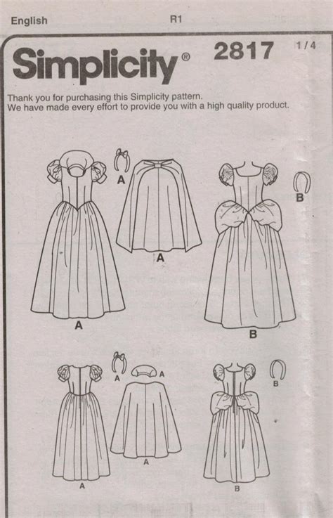 Simplicity Pattern 2817 Disney Princess Costume Cinderella Snow White Girls Sizes 3 Through 6