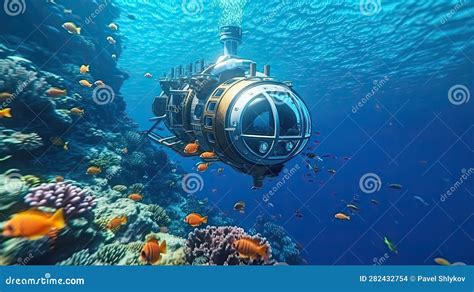 Bathyscaphe Diving Flat Composition Cartoon Vector 165304701