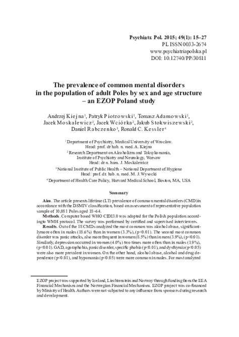 Pdf The Prevalence Of Common Mental Disorders In The Population Of