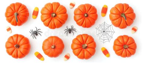 A Bird S Eye View Of Halloween Decorations Such As Pumpkin Baskets Candy Corn Straws Spiders