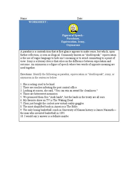 Worksheet Identify The Following As Paradox Equivocation Or Doublespeak Irony Or Oxymoron
