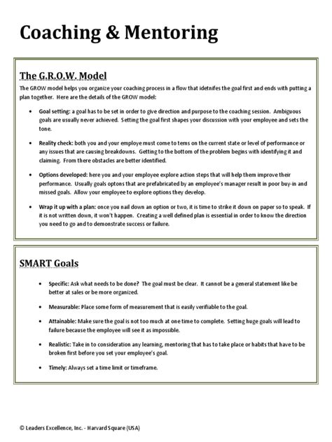 Coaching And Mentoring Quick Reference Sheet Download Free Pdf Mentorship Goal