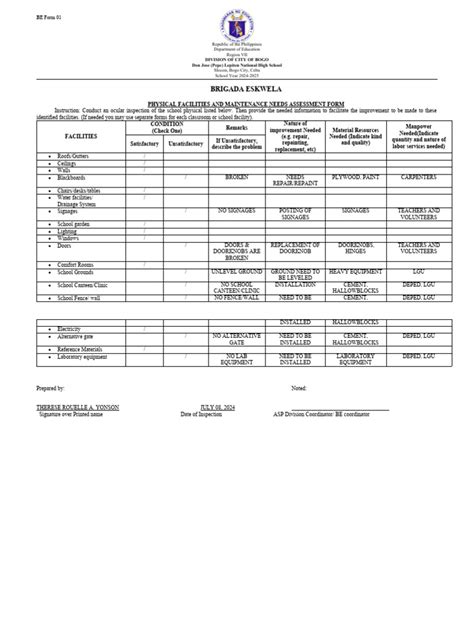 Brigada Eskwela Facilities Assessment Form Pdf