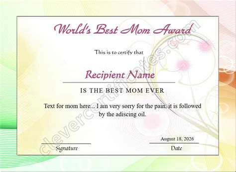 Editable Worlds Best Mom Award Certificate Editable Seasonal Best