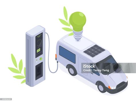아이소메트릭 전기 밴 충전 태양 에너지 배터리 가정용 충전기 스테이션 절연 3d 벡터 일러스트 레이 션과 친환경 전기 밴 전기차 충전 화물차에 대한 스톡 벡터 아트 및 기타