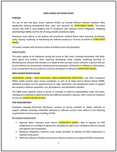 Open Source Software Policy South Carolina Free Template