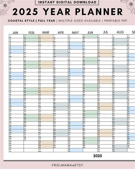 2025 Year Planner Coastal Style Calendar Printable Pdf Etsy