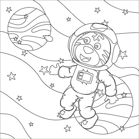 Libro De Colorear Para Niños Vector Lindo Tigre Astronauta Vuela En El