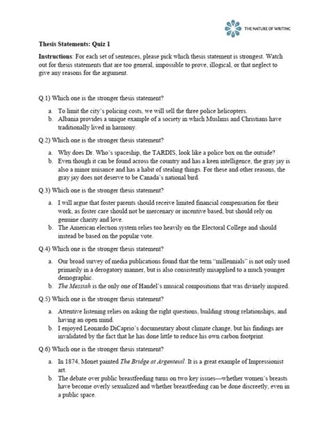 Thesis Statements Quiz 1 Pdf Argument Reason