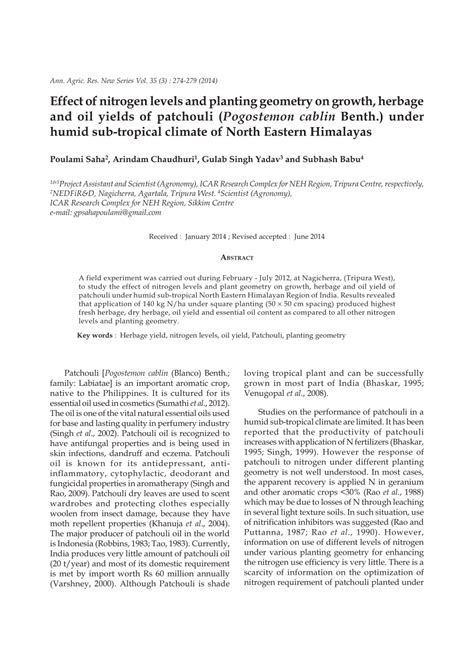 Pdf Effect Of Nitrogen Levels And Planting Geometry On Growth Herbage And Oil Yields Of