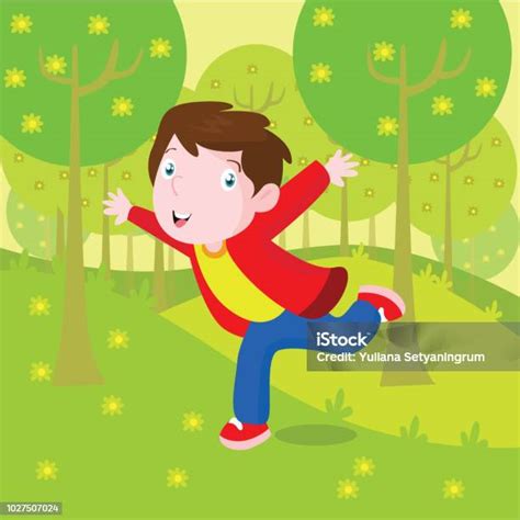 Mutlu Ve Neşeli Sevimli Küçük Çocuk Görünüyor Çalıştırıyorsanız Ve Orman Çizgi Film Karakteri