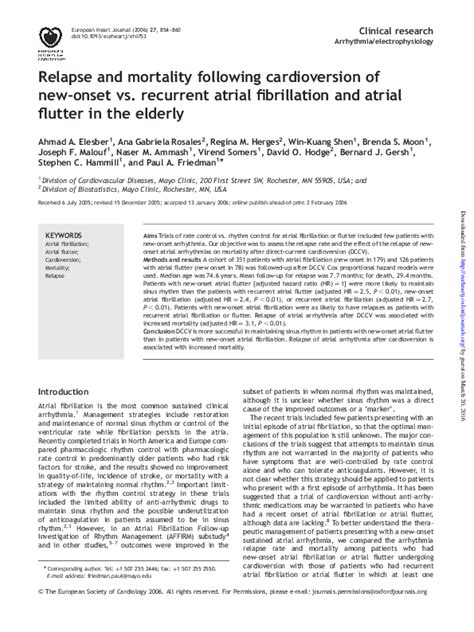 Pdf Relapse And Mortality Following Cardioversion Of New Onset Vs