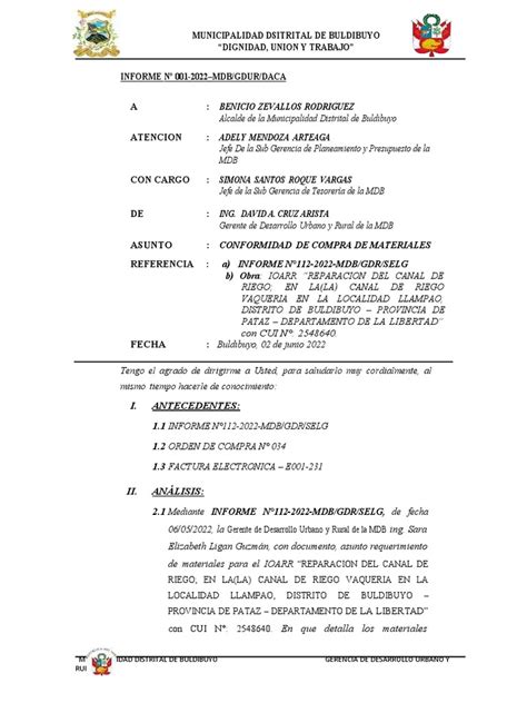 Informe 001 Conformidad De Materiales Canal Vaqueria Pdf