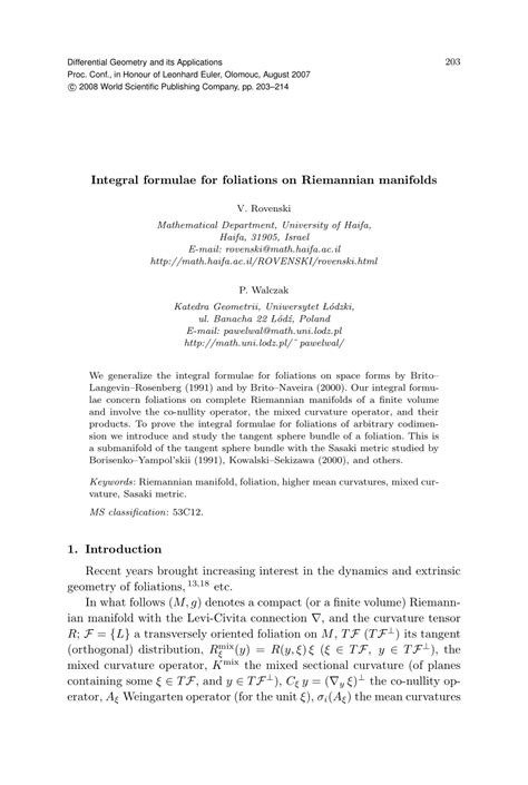 Pdf Integral Formulae For Foliations On Riemannian Manifolds