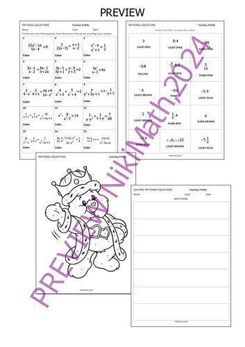 Solving Rational Equations Coloring Activity Teaching Resources