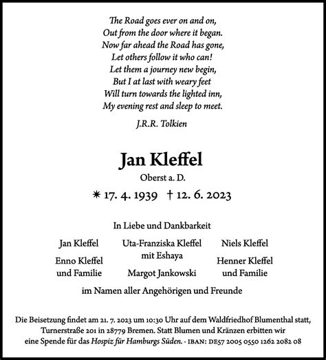 Traueranzeigen Von Jan Kleffel Trauer And Gedenken