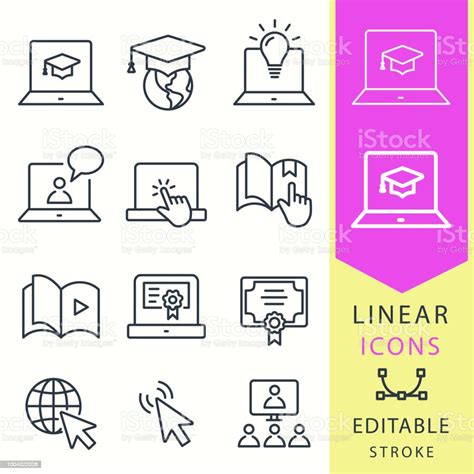 E러닝 거리 교육 아이콘입니다 졸업 캡 훈련 노트북의 설정 온라인 웹 세미나 기호를 학습 흰색 바탕에 얇은 선 고립 된 검은 벡터 일러스트 편집 가능한 선입니다 교사 교육