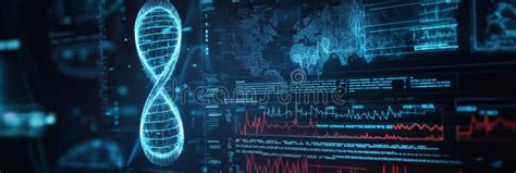 a digital display shows a dna double helix alongside genetic data and