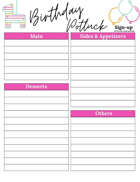Potluck Sign Up Sheet Birthday Potluck Sign Up Sheet Birthday