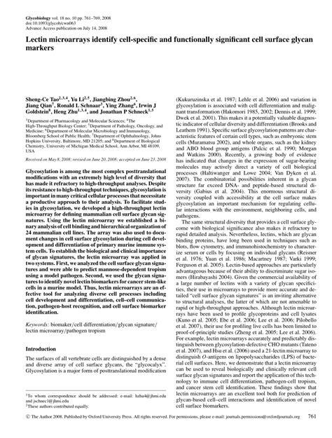 Pdf Lectin Microarrays Identify Cell Specific And Functionally