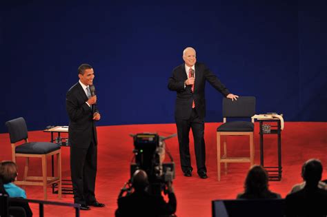 Candidates Barack Obama And John Mccain Square Off During Belmonts