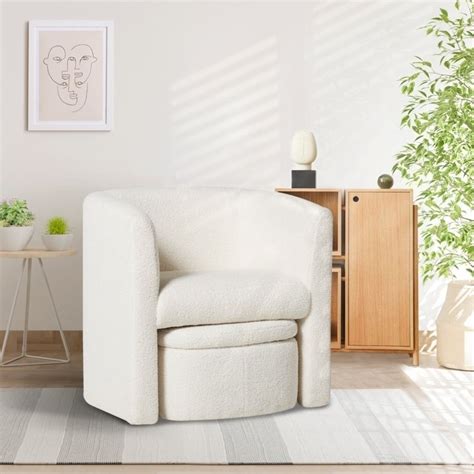 Barrel Chair Storable Ottoman Nubby Texture Cream Compact Bedroom