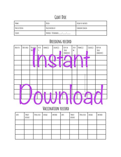 Goat Doe Health And Breeding Record Instant Download Organizer Printable