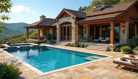 Luxury Ranch House With Pool Scenic View House Features Stone Wood Exterior With Brown Roof