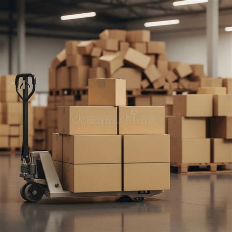 A Busy Warehouse Features A Pallet Jack With Stacked Cardboard Boxes In