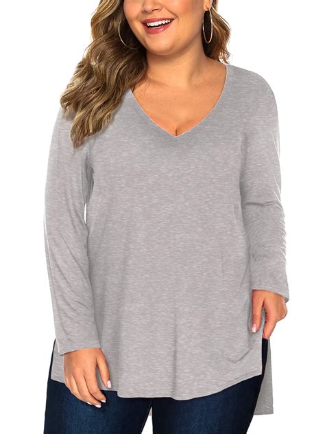 Fancyglim Womens Long Sleeve Tops V Neck T Shirt Plus Size Split Tee