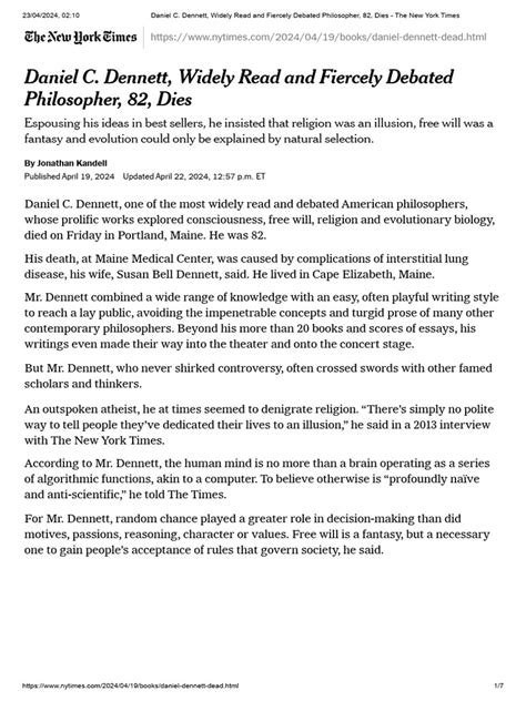 Philosopher Daniel Dennett Dies At 82 Pdf Free Will Consciousness