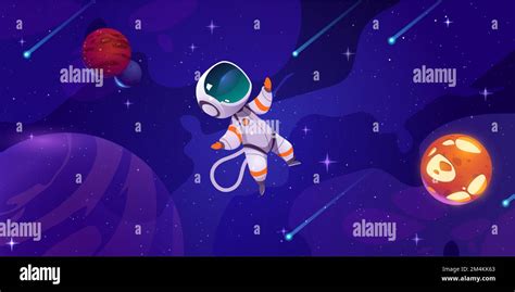 Cute Astronaut Flying In Cosmos With Alien Planets Comets And Stars Cosmonaut In Spacesuit On