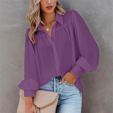 Ntacza Purple Tops For Women Long Sleeve Turn Down Collar Solid Smocked