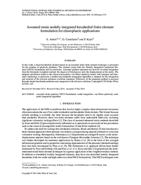 Pdf Assumed Strain Nodally Integrated Hexahedral Finite Element