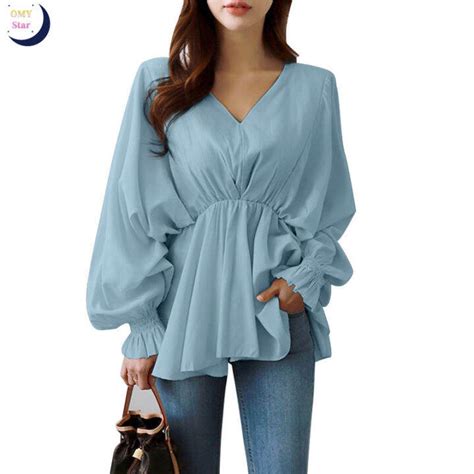 Omystar เสื้อเชิ้ตผ้าชีฟองสำหรับผู้หญิง เสื้อคอวีแขนยาวสีพื้นหูรูดดีไซน์ไม่เหมือนใครเสื้อหรูหรา
