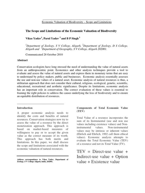 Economic Valuation Of Biodiversity Its Scope And Limitations Pdf
