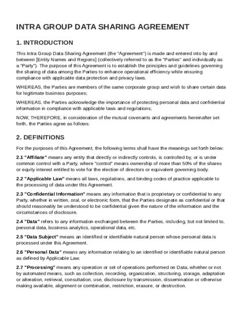 Intra Group Data Sharing Agreement Template Form Fill Out And Sign