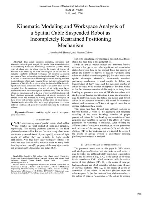 Pdf Kinematic Modeling And Workspace Analysis Of A Spatial Cable