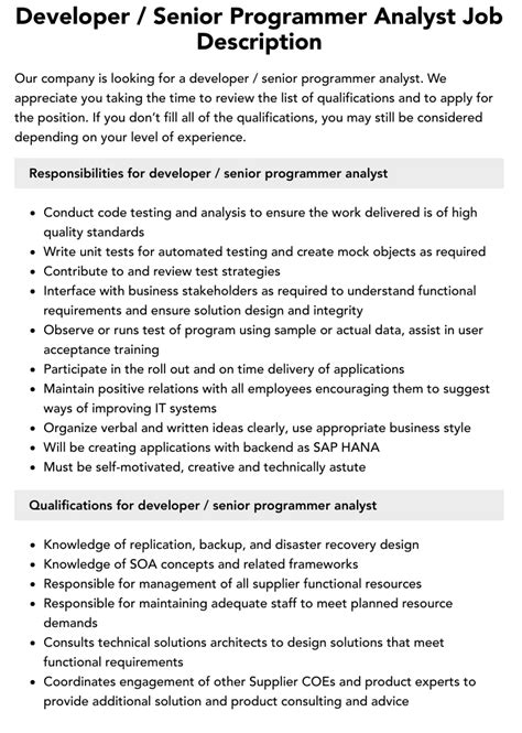 Developer Senior Programmer Analyst Job Description Velvet Jobs